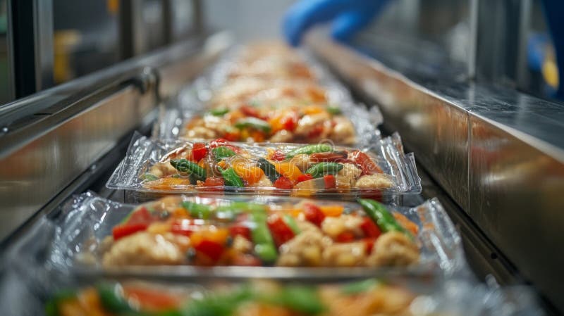 Prepared Meal Packaging Conveyor Belt System Stock Illustration ...