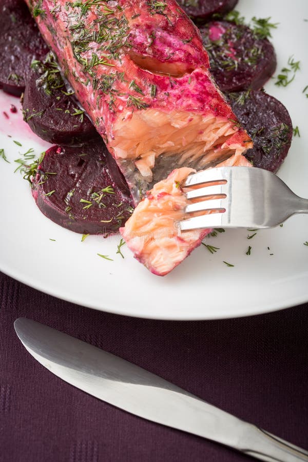 Prepared Salmon Fillet with Beet and Sauce on White Plate Stock Photo ...