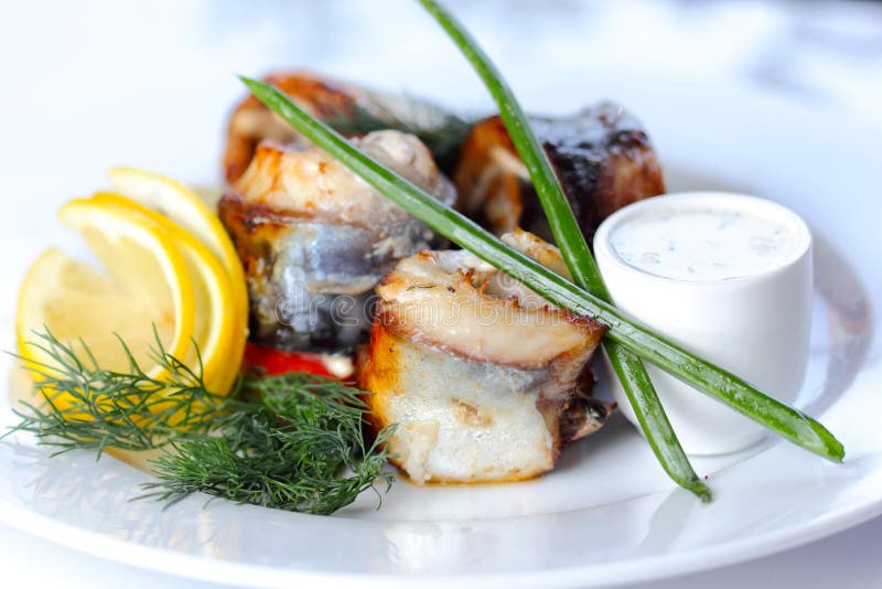 Prepared Sea Fish Portions with Greens Stock Image - Image of delicious ...