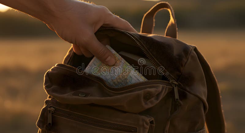 Preparing for Adventure Hands Reaching into Travel Backpack for Map ...