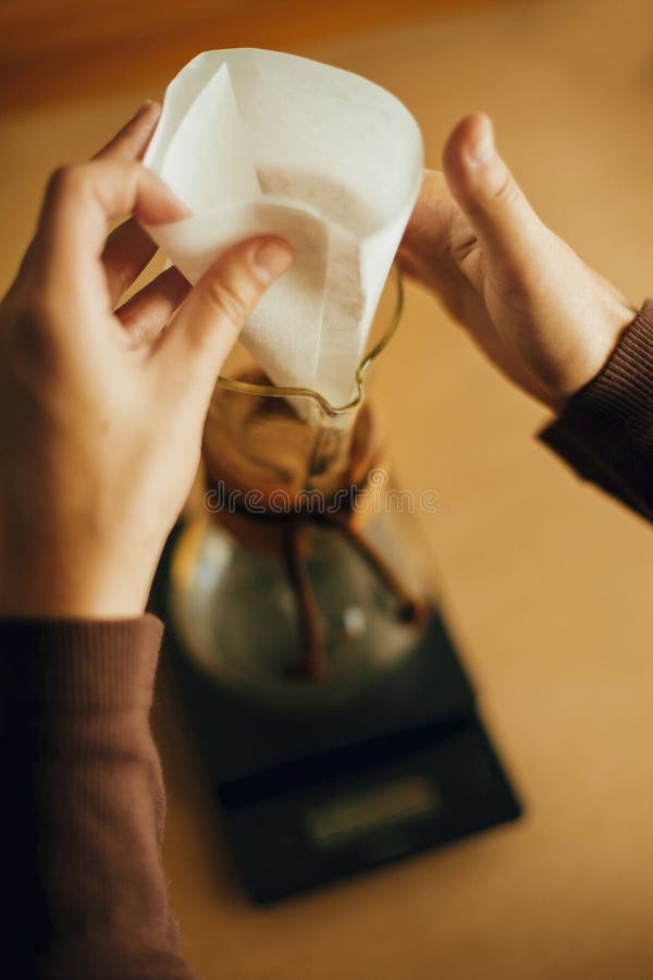 Preparing for Alternative Coffee Brewing V60. Fold Coffee Filter Stock ...