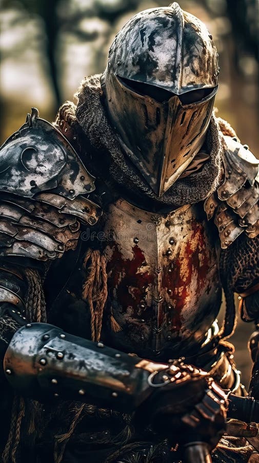 Preparing for Battle: a Knight Donning Shiny Metal Armor at Dawn with a ...