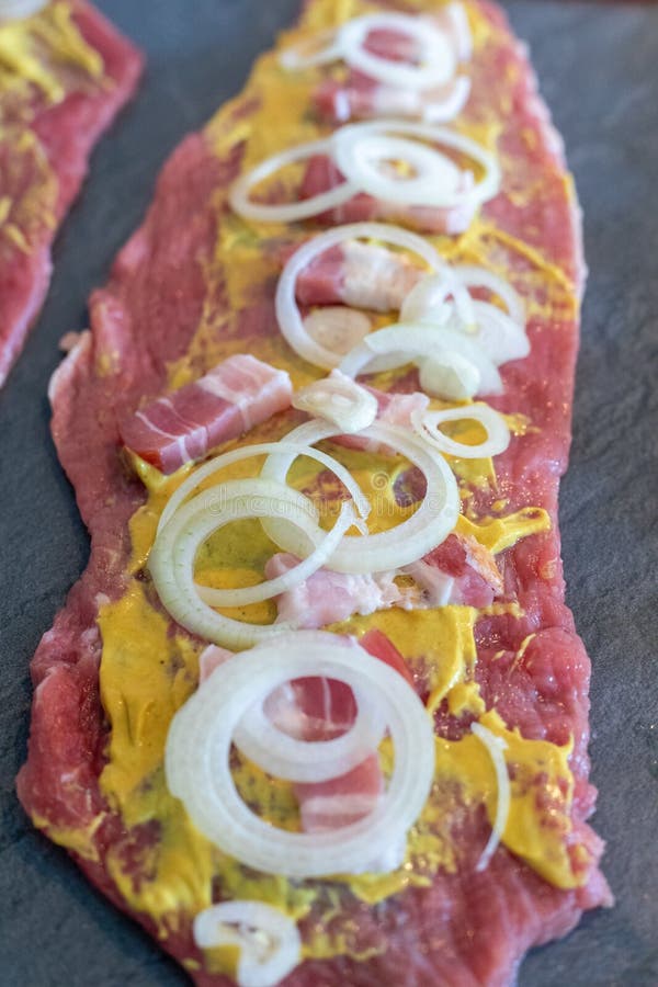 Preparing Beef Rouladen, Fresh Raw Meat Coated with Mustard and Onions ...
