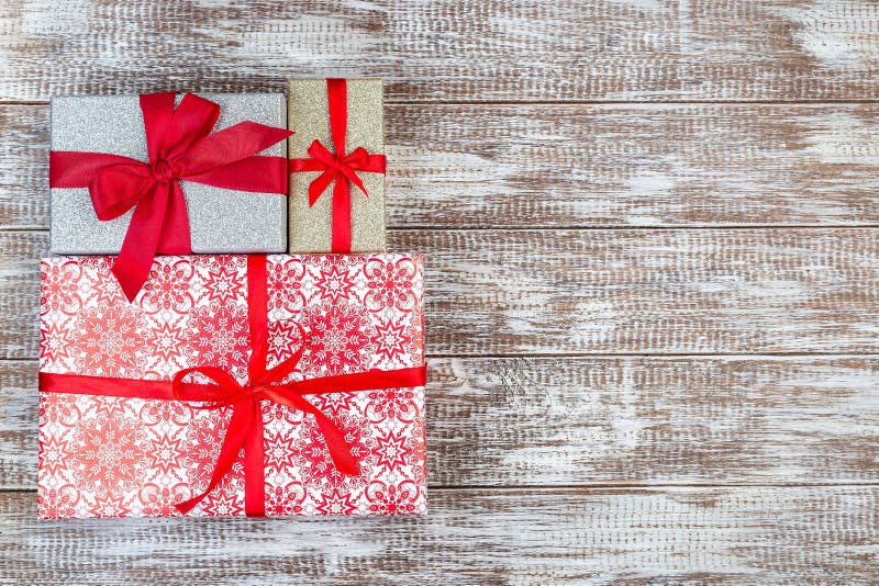 Preparing for Christmas, Different Gift Boxes on Table, Horizontal, Top ...