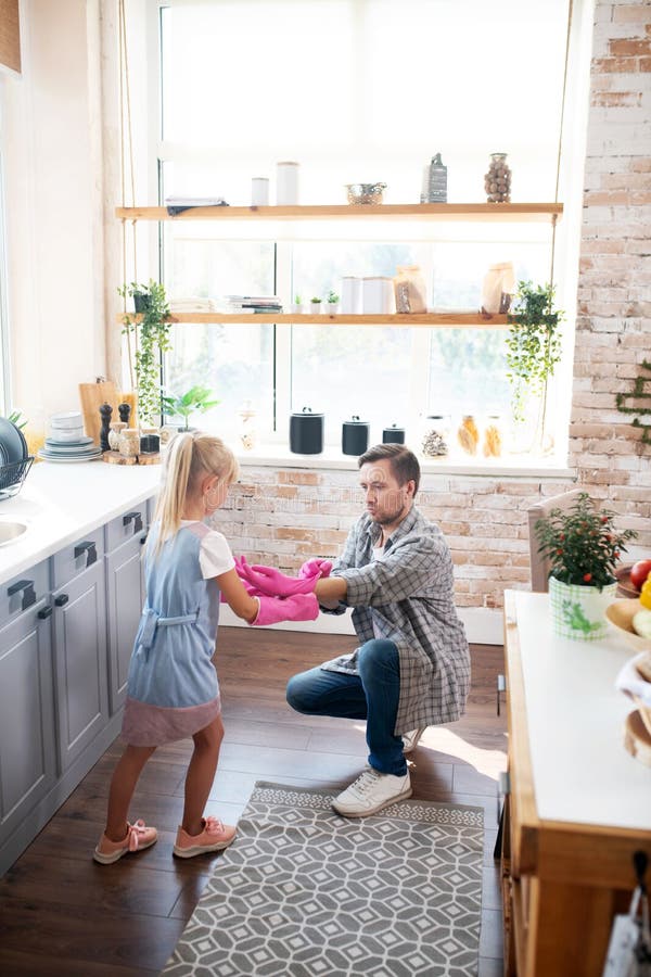 Daddy and His Cute Daughter Preparing for Cleaning Stock Image - Image ...