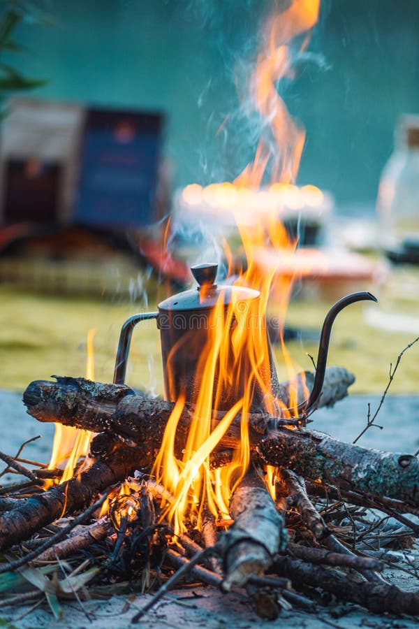 Preparing Coffee or Tea on an Bonfire Stock Image - Image of morning ...