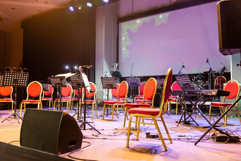 Preparing for Concert Performance - Stage with Musical Instruments ...