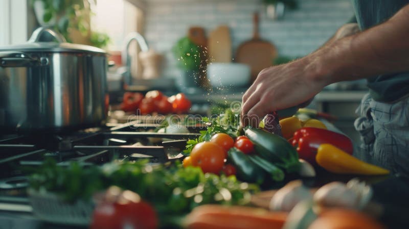 Preparing Cooking, Kitchen Table Showing Hands Chopping Vegetables with ...