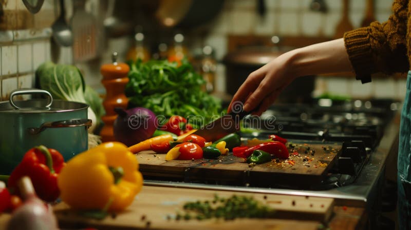 Preparing Cooking, Kitchen Table Showing Hands Chopping Vegetables with ...