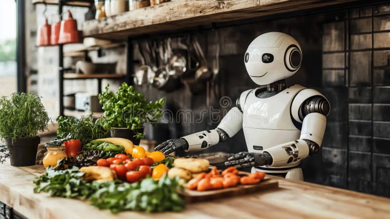 Preparing Dinner, Humanoid Home Assistant Robot in Modern Kitchen Stock ...