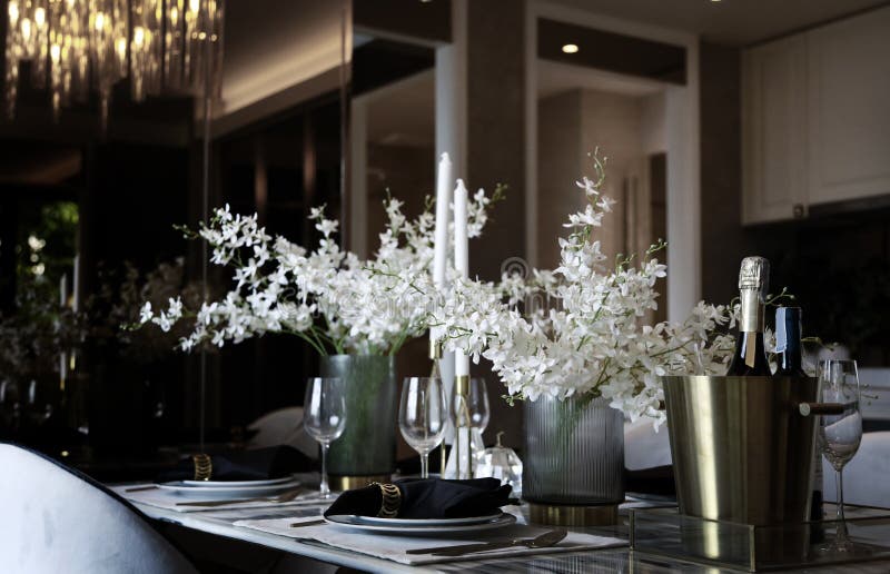 Preparing Dishware on Romantic Dinner Table Stock Image - Image of ...