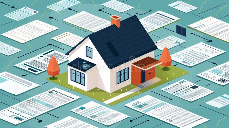 Preparing Documents for Home Buying Process with House and Paperwork Spread Around Stock ...