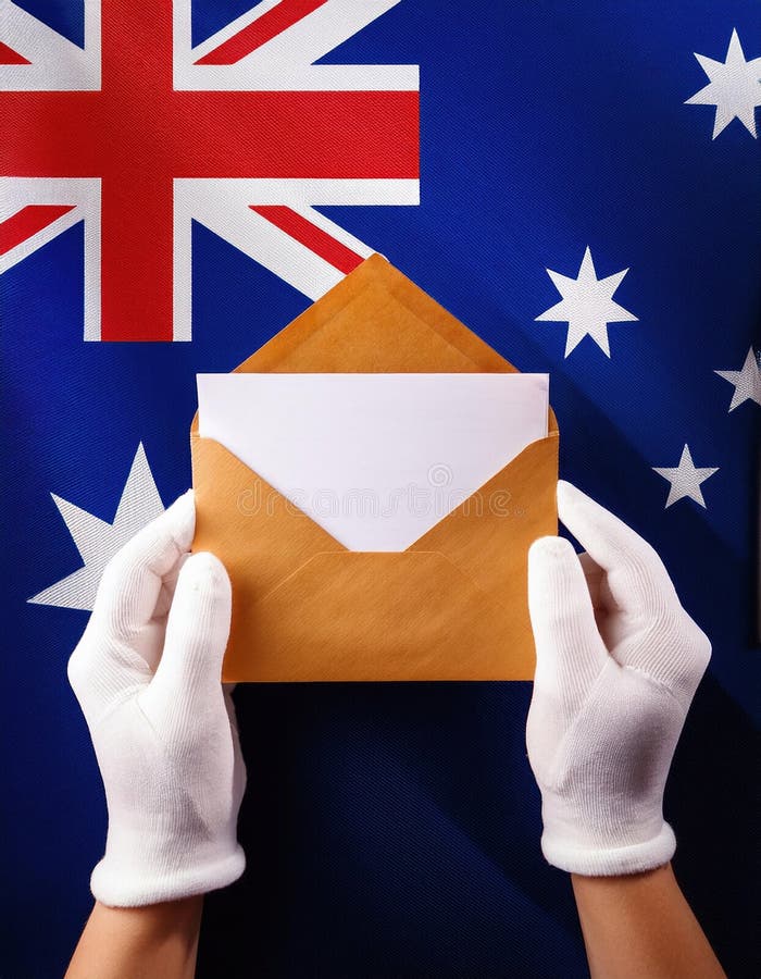 Preparing an Envelope for Mailing Against an Australian Flag Backdrop ...