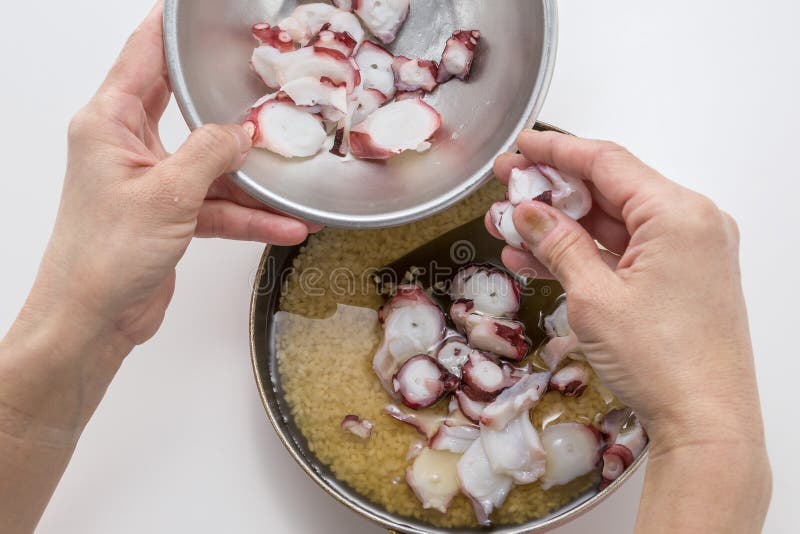 Preparing Fresh Sliced Octopus To Cook with Rice in the Kitchen Stock ...