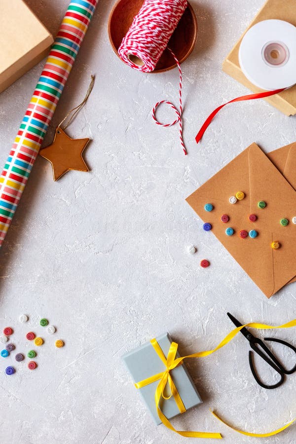Preparing Gifts and Presents for a Holiday, Top View Stock Photo ...