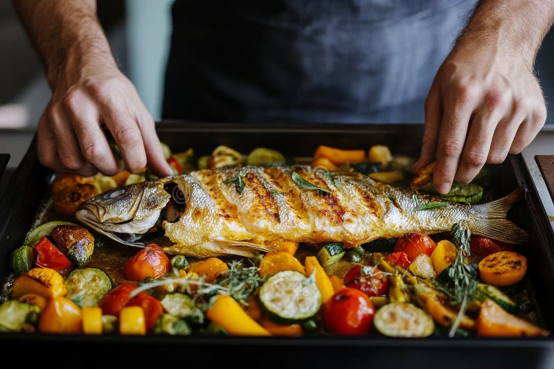 Preparing Grilled Fish with Vegetables by Young Caucasian Male Chef ...