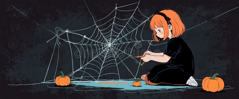 Preparing for Halloween - Child Draw with Chalk Cobweb and Spider ...