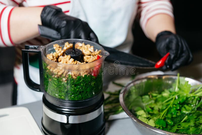 Preparing Herb and Walnut Mix in Food Processor Stock Photo - Image of ...