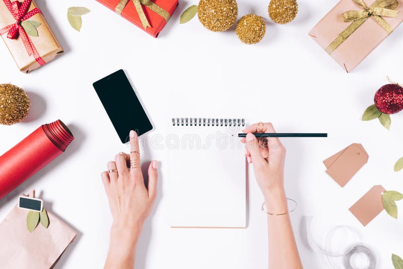 Preparing for the Holiday, Gift Wrapping and Writing Stock Image ...