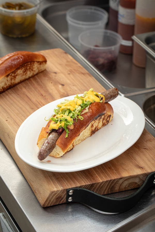 Preparing Hot Dogs in Diner Kitchen Counter Stock Photo - Image of ...