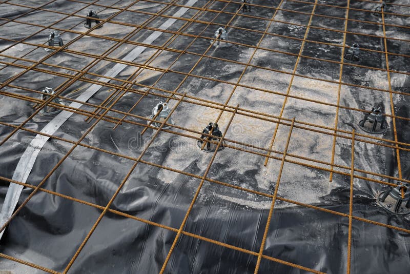 Preparing a House Slab with Black Plastic and Steel Stock Image - Image ...