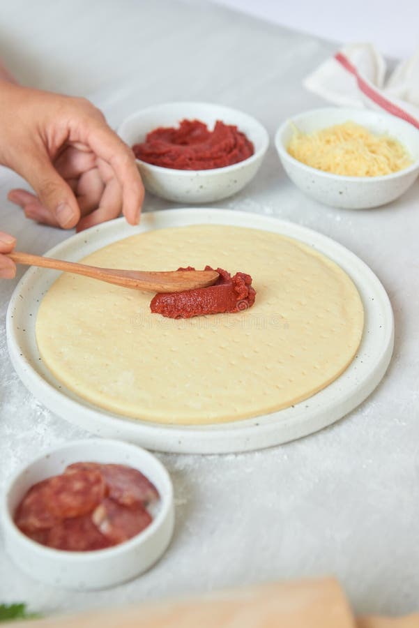 Preparing Individual Pizzas from Pizza Bar Stock Image - Image of basil ...