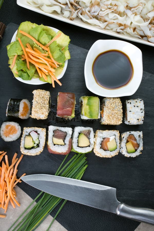 Preparing japanese sushi stock photo. Image of bamboo - 55825056