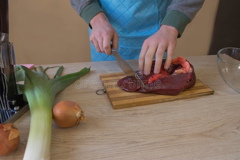 Preparing Lean Meat. Hands of a Man Preparing Meat and Vegetables in a ...