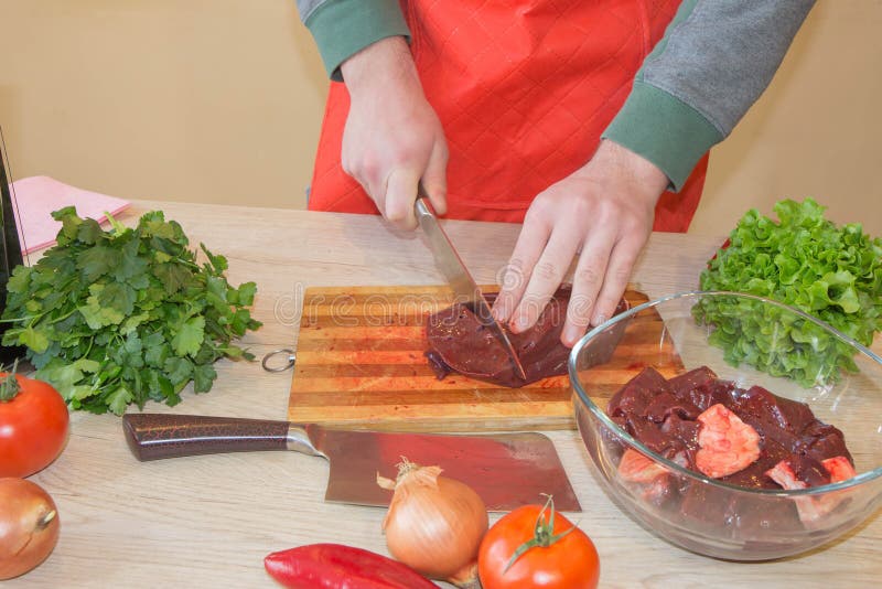 Preparing Lean Meat. Hands of a Man Preparing Meat and Vegetables in a ...