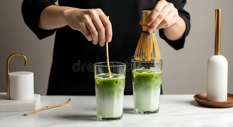 Preparing Matcha Drinks with Bamboo Whisk and Stirrer Stock Image ...