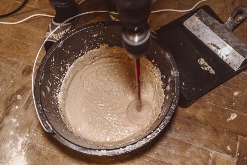 Preparing a Mortar Plaster Stirring Mix Water Consistency Emulsion ...