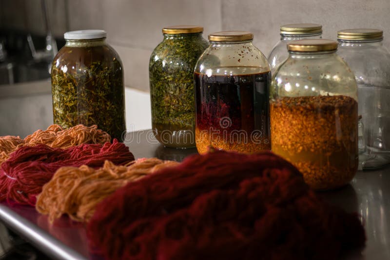 Preparing Natural Wool Dye in Containers with Water and Plants Stock ...