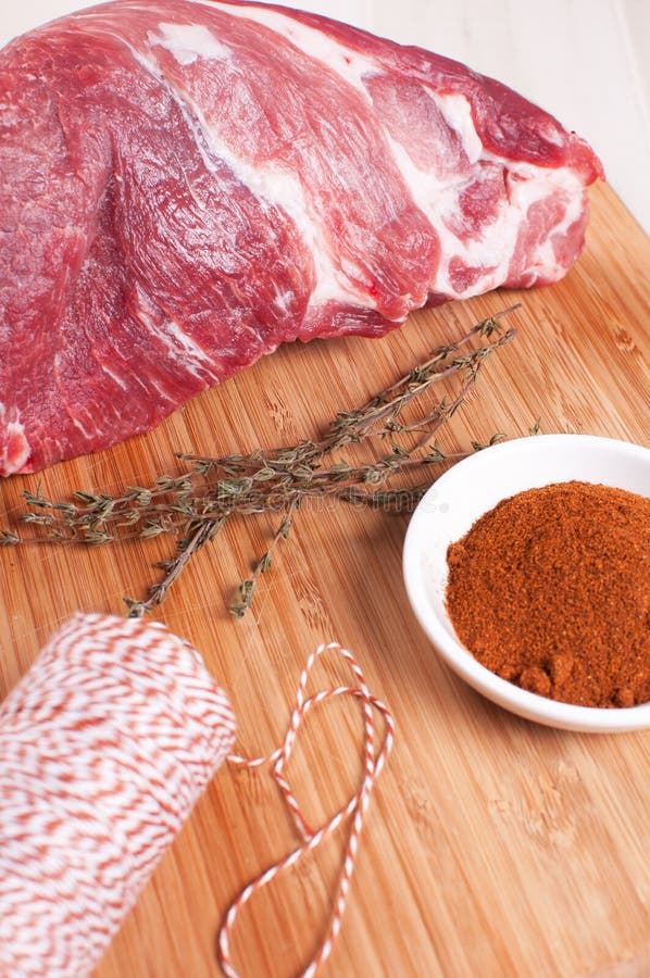 Preparing Raw Meat with Herbs Spices Stock Image - Image of board ...