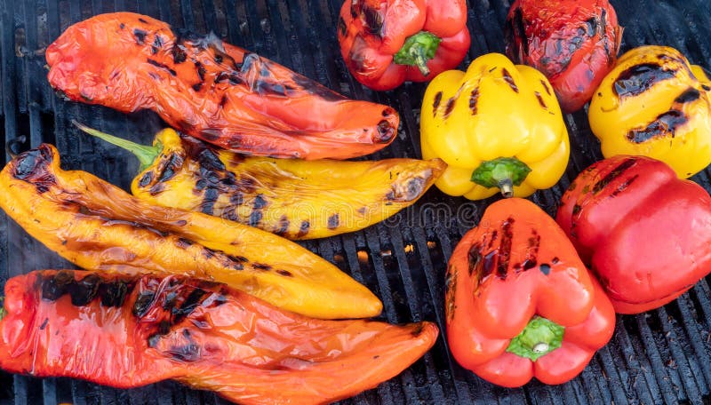Preparing Red and Yellow Bell Pepper on Barbecue Bbq Grill Stock Image ...