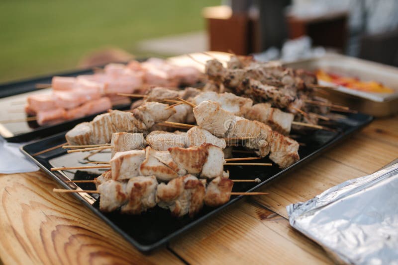 Preparing Salmon, Chiken and Pork on Party Outdoors Stock Image - Image ...