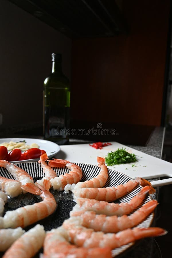 Preparing Shrimp in the Kitchen Stock Photo - Image of dessert, carving ...