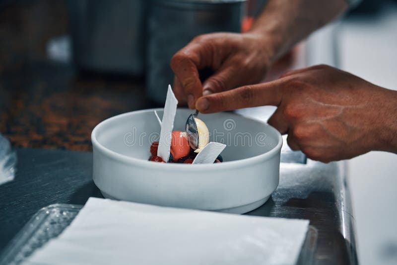 Preparing the Tasting Menu Desserts Stock Photo - Image of hand, chef ...