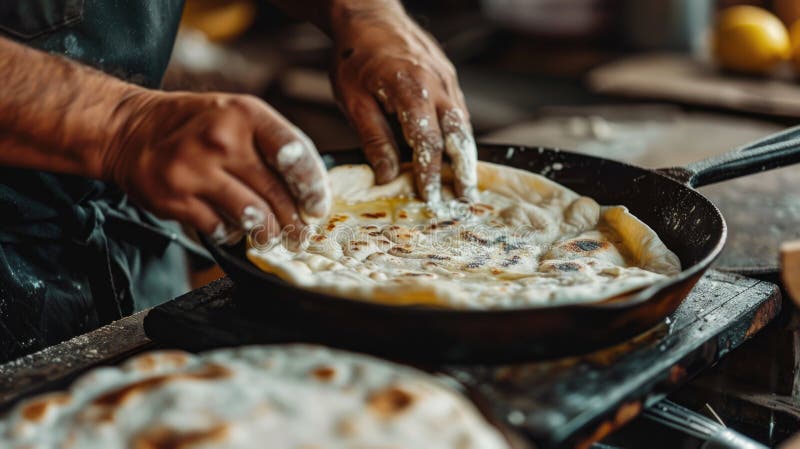Preparing Traditional Flatbread on a Pan Stock Illustration ...