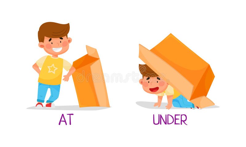 Preposition of Place with Boy Standing at and Under the Box Cartoon ...