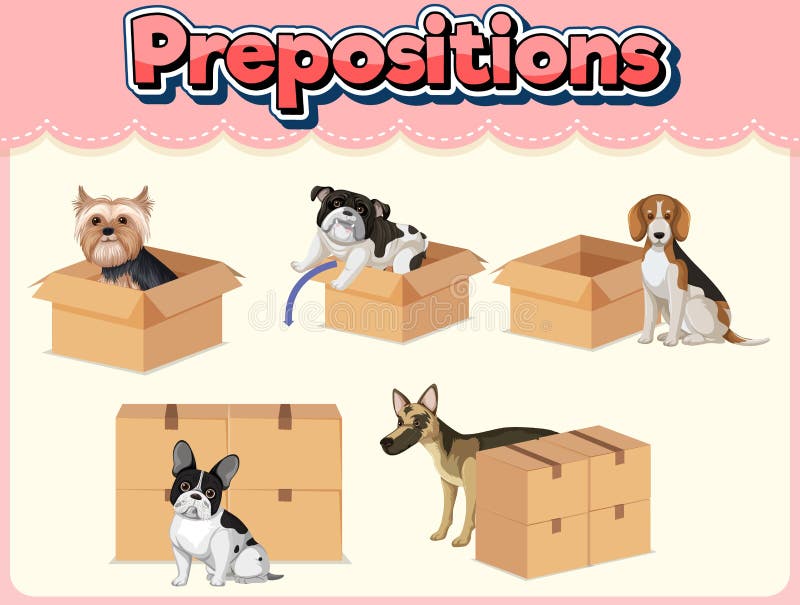Preposition Wordcard with Dogs and Boxes Stock Vector - Illustration of ...
