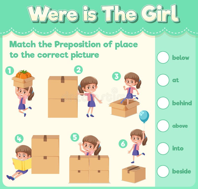Prepostion Wordcard Design with Girl and Boxes Stock Vector ...