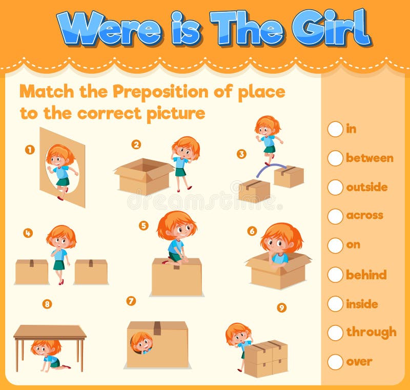 Prepostion Wordcard Design with Girl and Boxes Stock Vector ...