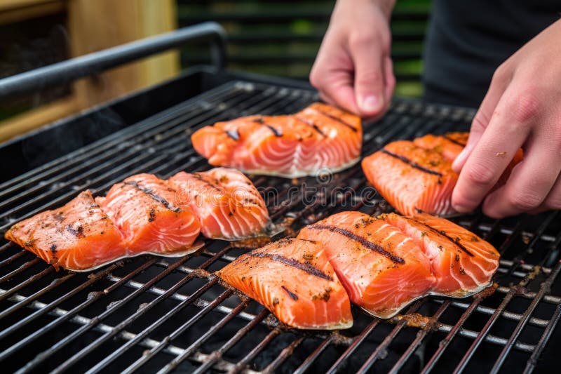 Prepped Salmon Steaks on Grill Rack Being Flipped by a Guy Stock Image ...