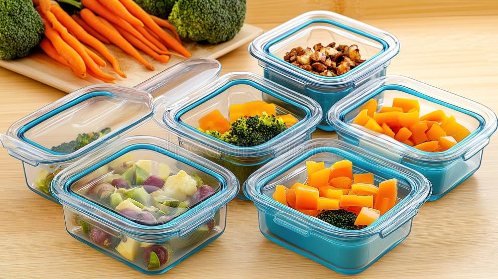 Prepped Veggies in Containers, Kitchen Counter, Meal Prep Stock Photo ...