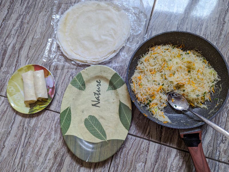 Prepping Cooking a Spring Roll To Be Rolled, in the Kitchen, Plate, Pan ...