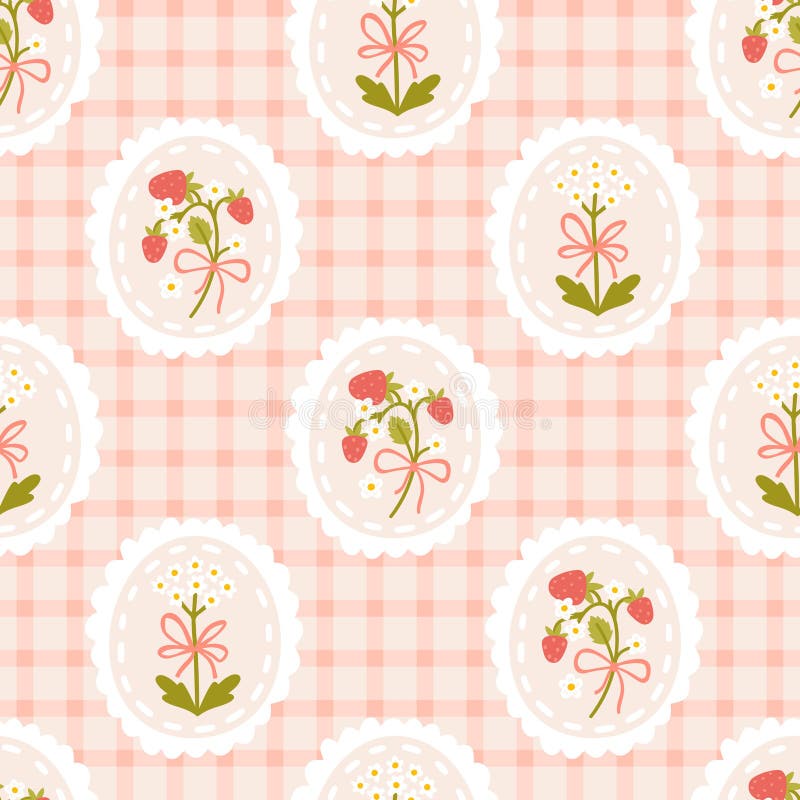 Preppy Flirty Strawberry with Flower in Frame Seamless Pattern on a ...