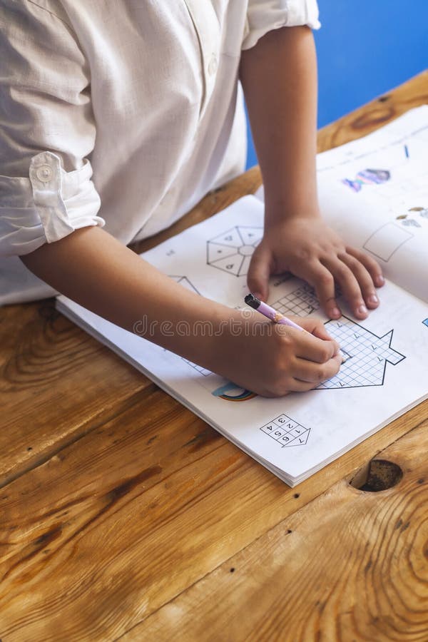 Preschool Age Child Doing the Math. Little Boy Doing Homework. Drawing ...