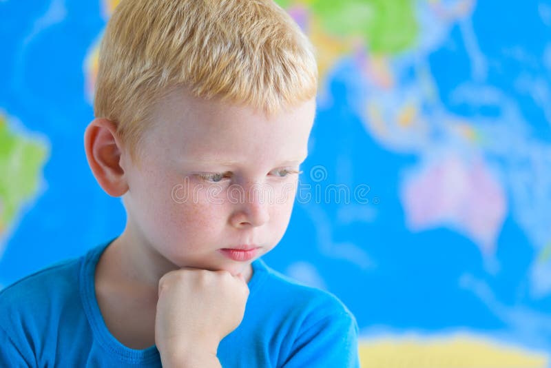 Preschool Boy Dreaming in Front of World Map Stock Image - Image of ...