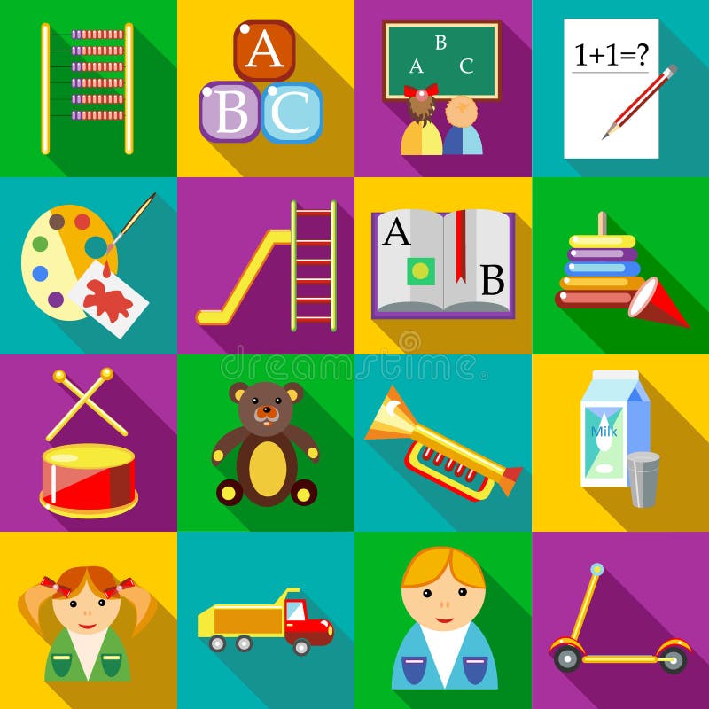 Preschool Icons Set, Flat Style Stock Vector - Illustration of learning ...