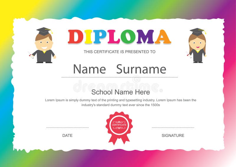 Preschool Kids Elementary School Diploma Certificate Design Stock ...